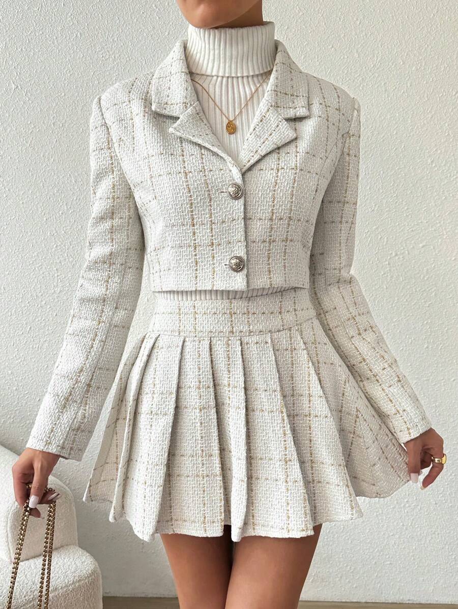 SHEIN PETITE 2pcs/Set Women's Elegant Tweed Suit Jacket + Pleated Skirt ...