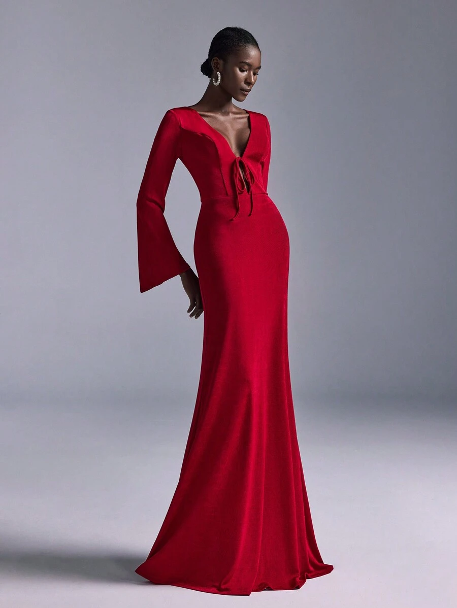 Elitara Elegant Red Elastic Knit Deep V-Neck Front Tie Long Flare ...