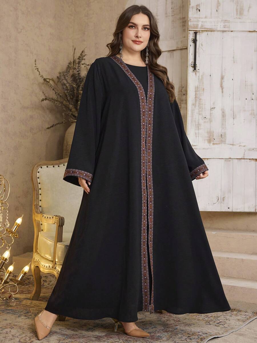 SHEIN Najma Long Sleeve Lace Trim Abaya Robe, Plus Size Abayas | SHEIN UK
