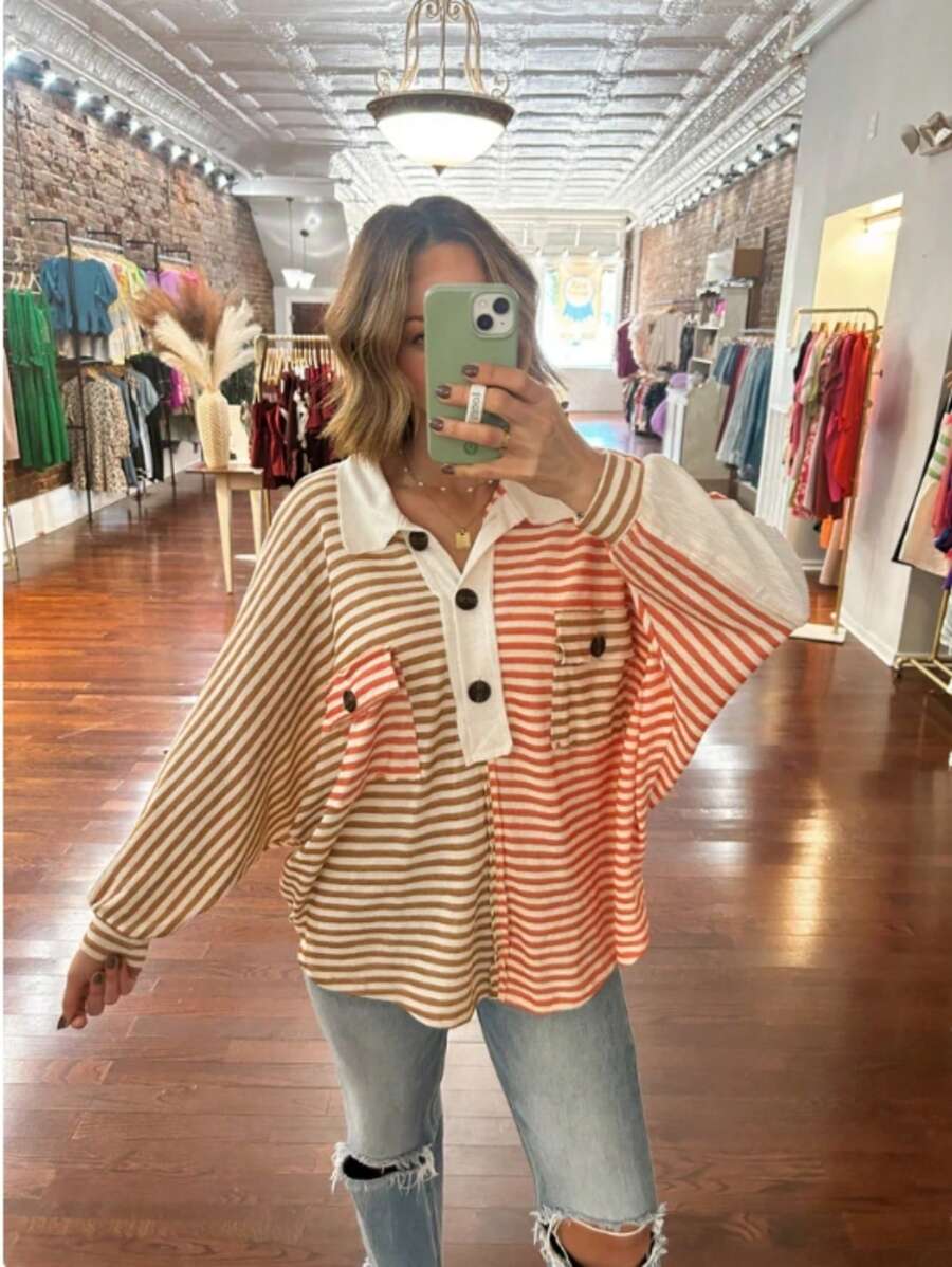 INAWLY Women's Striped Print Button Front Casual Long Sleeve T-Shirt ...
