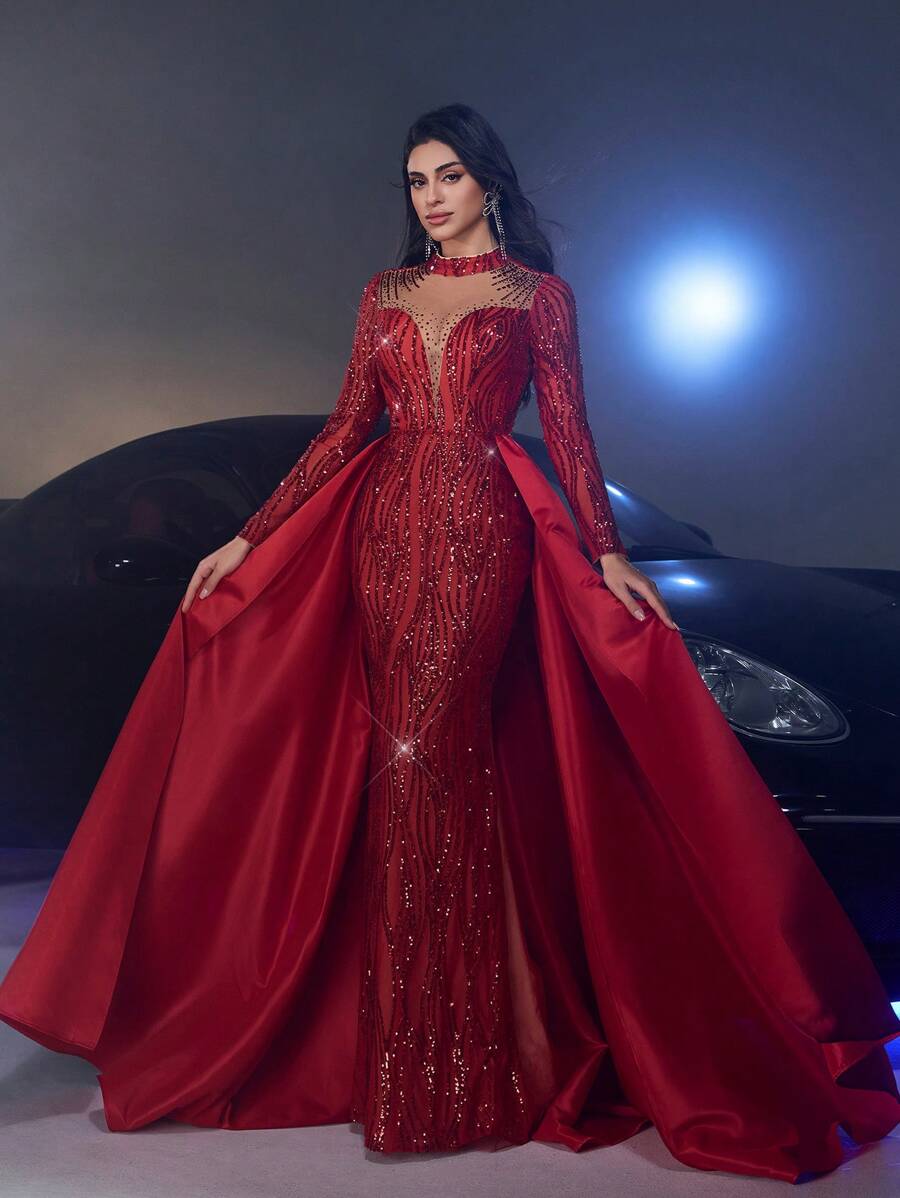 Glamrae Elegant Red Luxury Patchwork Satin Mesh Sheer Sequin ...