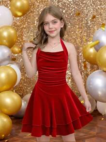 Tween Girls Solid Red Elegant Swing Knitted Sleeveless Halter Neck ...