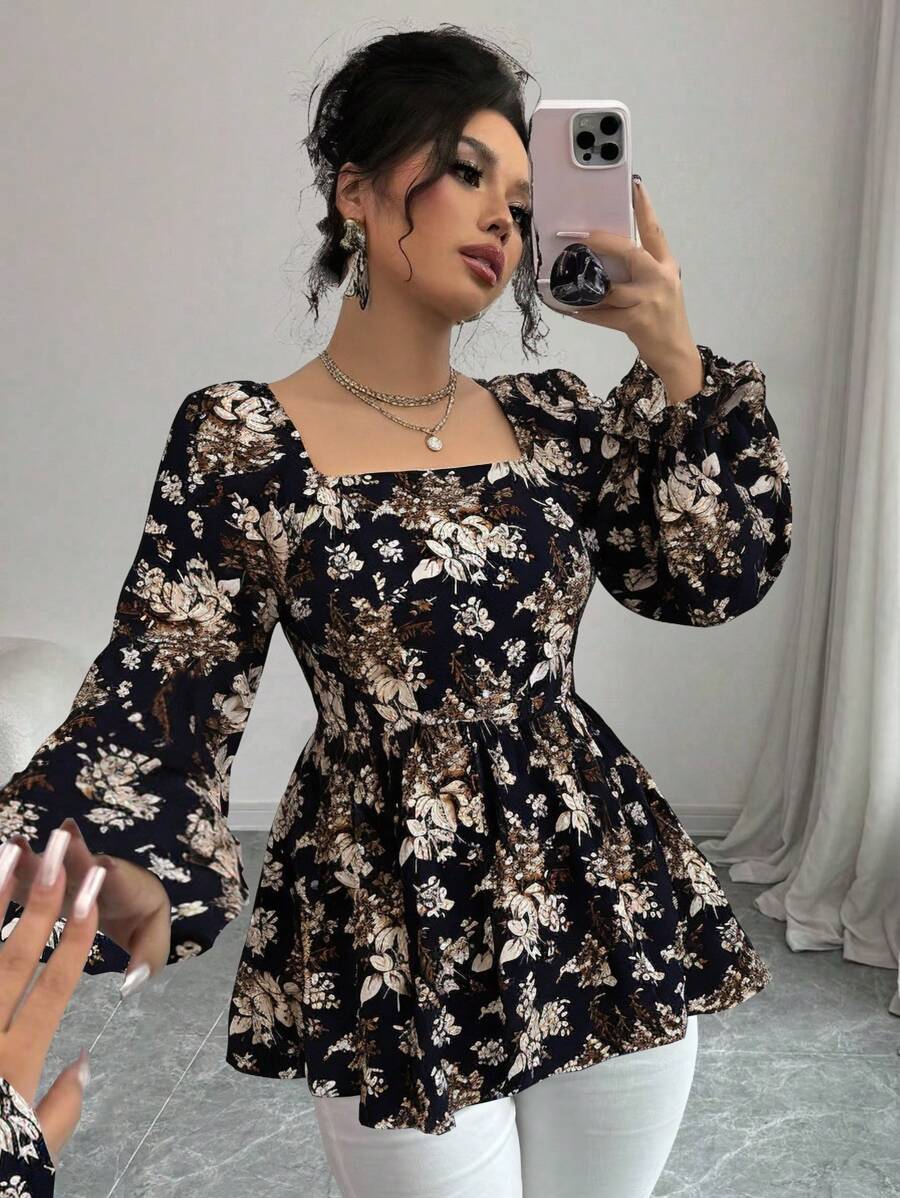 SHEIN Relaxiva 1pc Women Regular Fit Ditsy Floral Round Collar Long ...