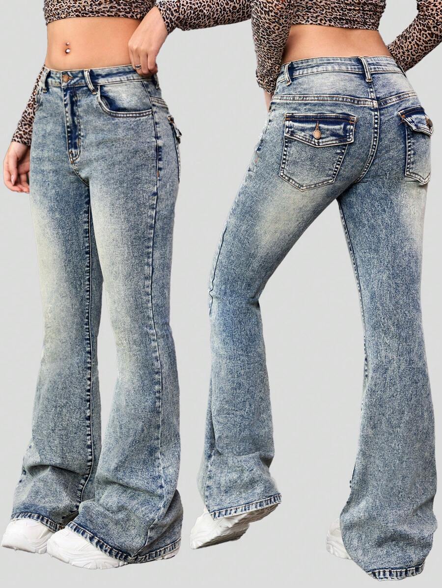 SHEIN Retro Blue Denim Flare Pants For Teenage Girls | SHEIN USA