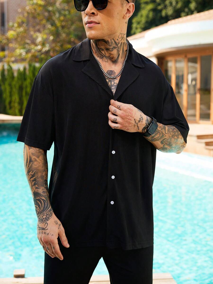 Manfinity Swimmode Men's Solid Color Lapel Neck Short Sleeve Single ...