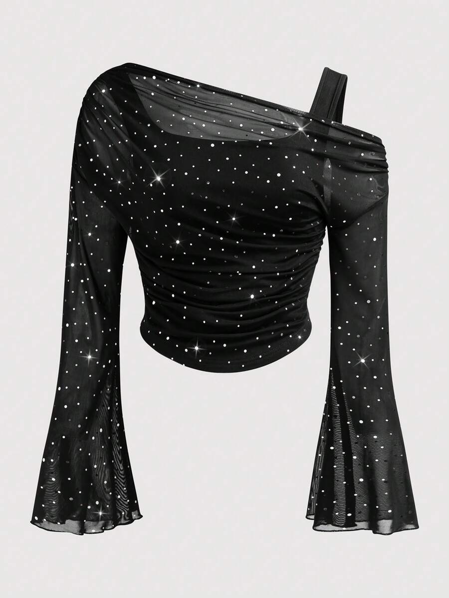 SHEIN Raffinéa Women's Asymmetric Ruffle Sequin Decor Mesh Black ...
