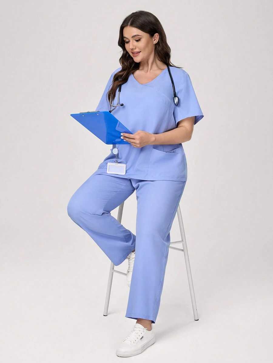 SHEIN TaskFit Plus Size Nurse Uniform Outfit - Short Sleeve Top & Pants ...