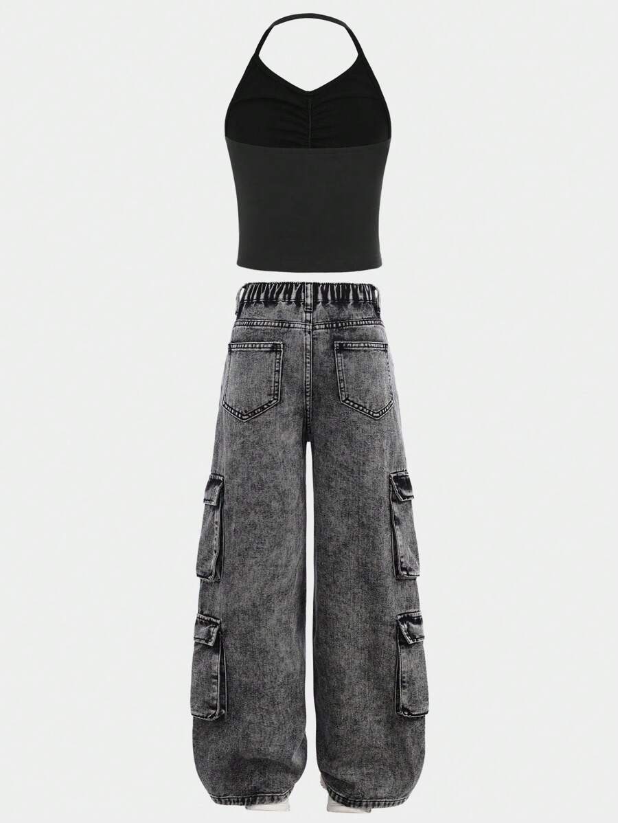 SHEIN Tween Girls Denim Effect Tank Top And Loose Fit Denim Cargo Pants ...
