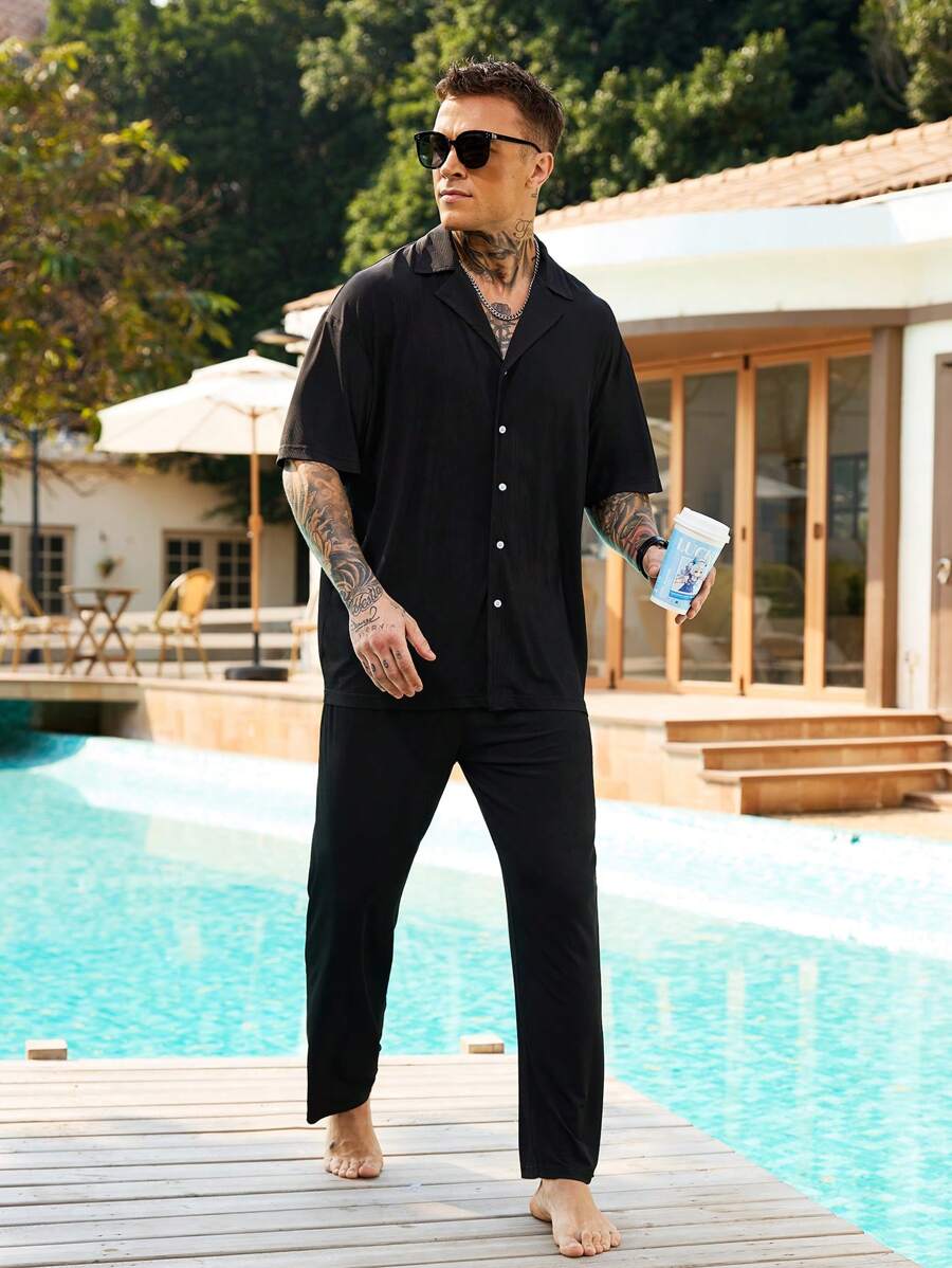 Manfinity Swimmode Men's Solid Color Lapel Neck Short Sleeve Single ...