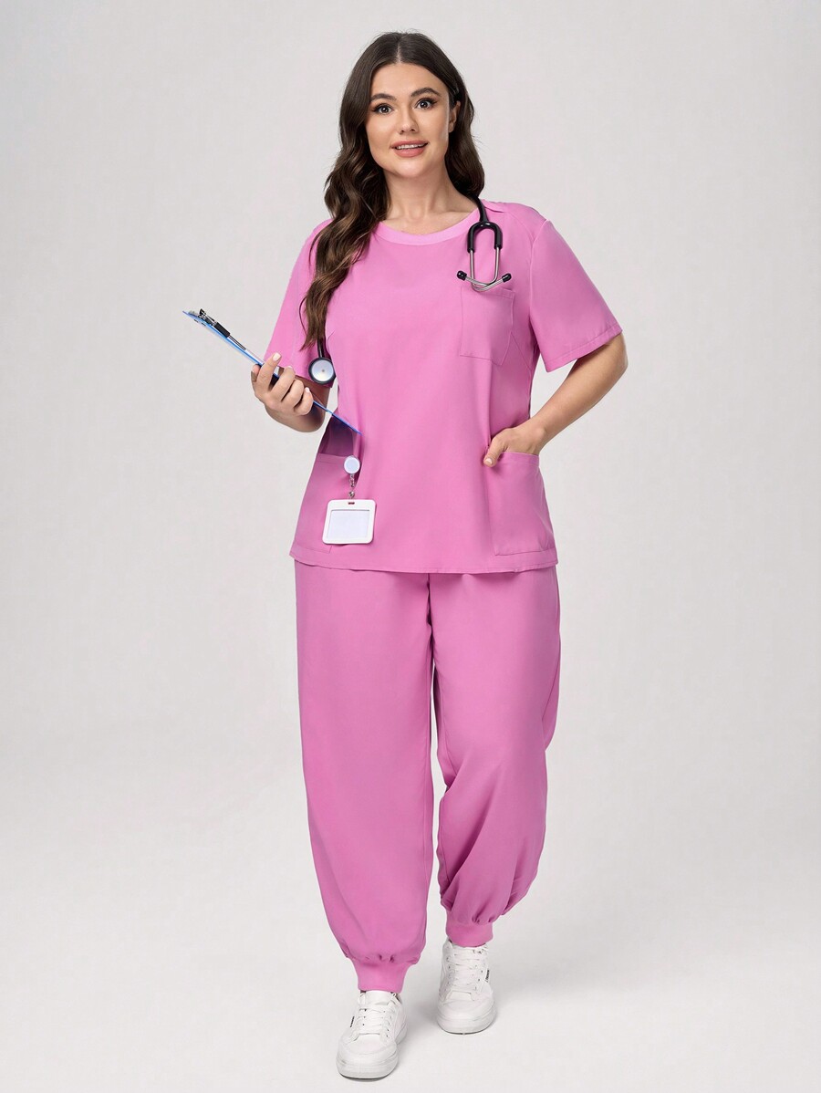 SHEIN TaskFit Plus Size Plain Short Sleeve And Long Pants Nursing Scrub ...