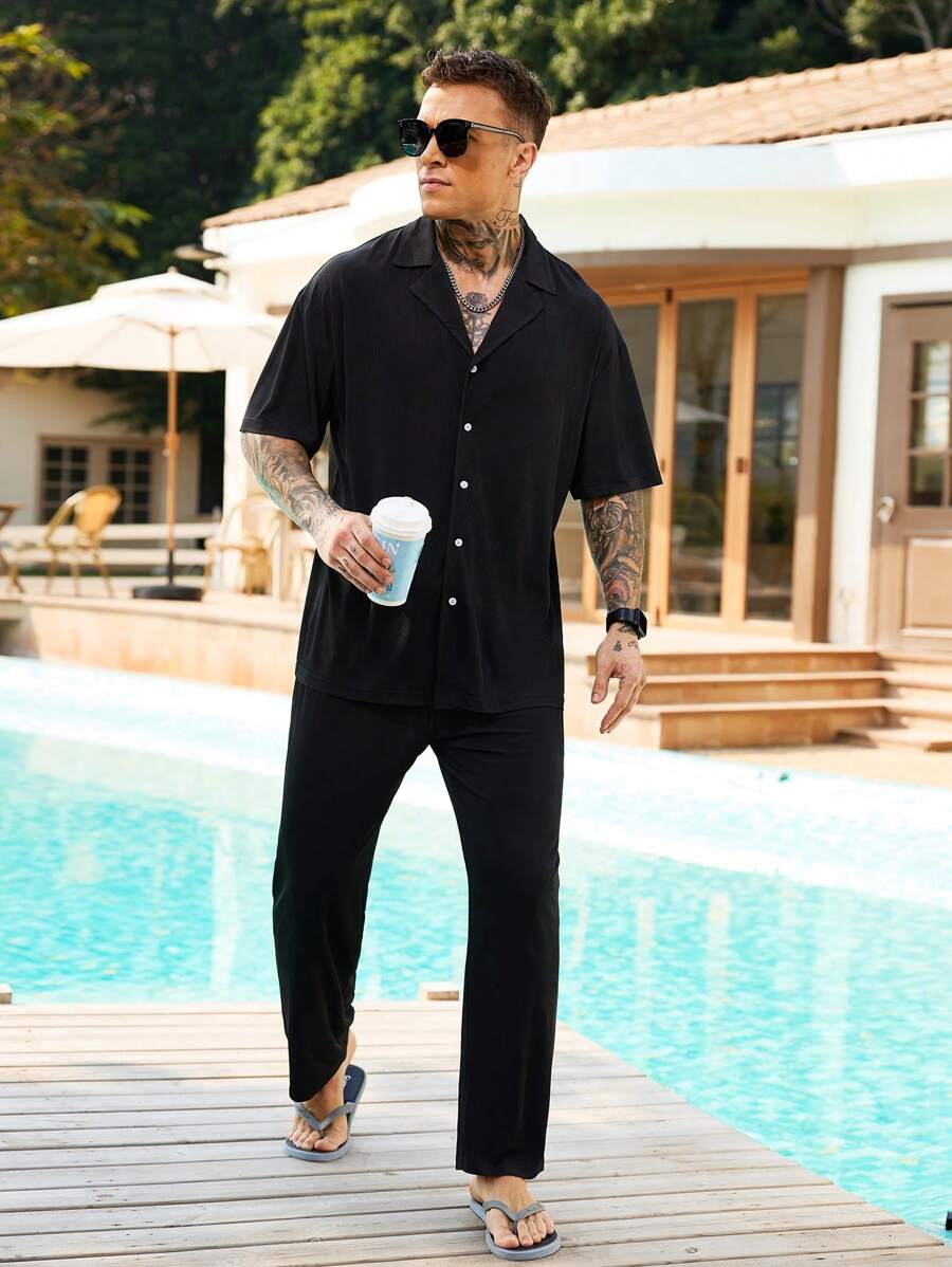 Horizaway Men's Solid Color Lapel Neck Short Sleeve Single Breasted Shirt And Pants Beach Outfit ...