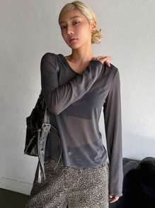 DAZY Women Round Neck Sheer Long Sleeve Mesh Top, Spring/Summer | SHEIN USA