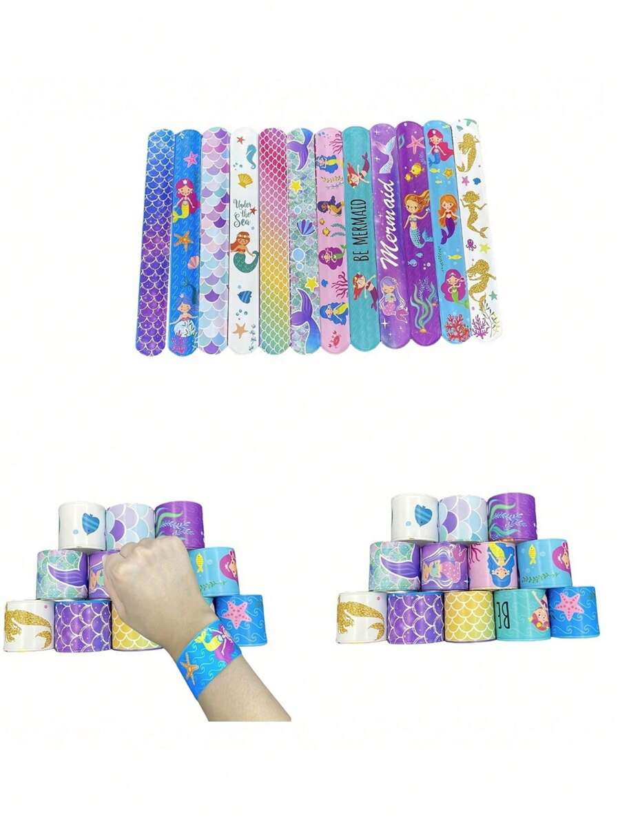12pcs/Set Plastic Party Slap Bracelet, Cute Mermaid Pattern Slap ...