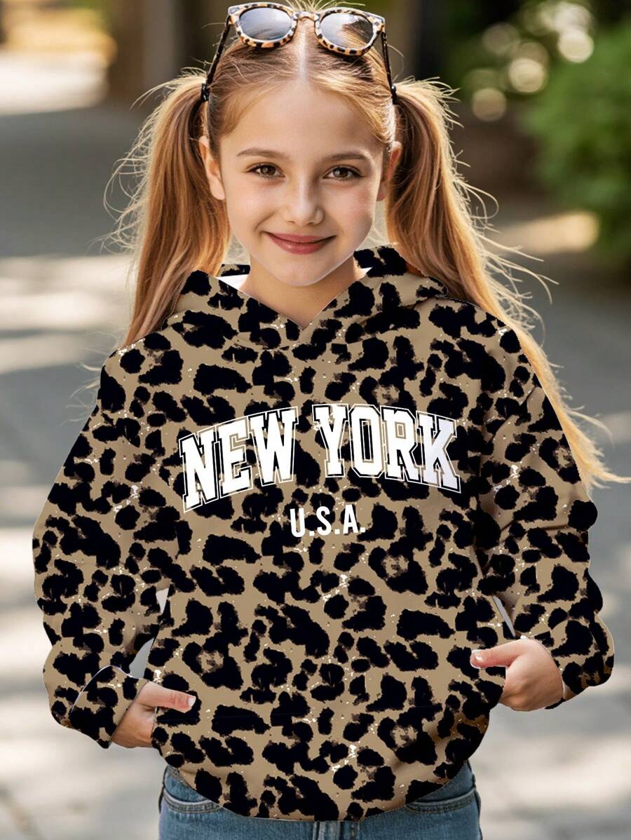 SHEIN Casual Minimalist New York Letter & Leopard Print Pattern Hoodie ...