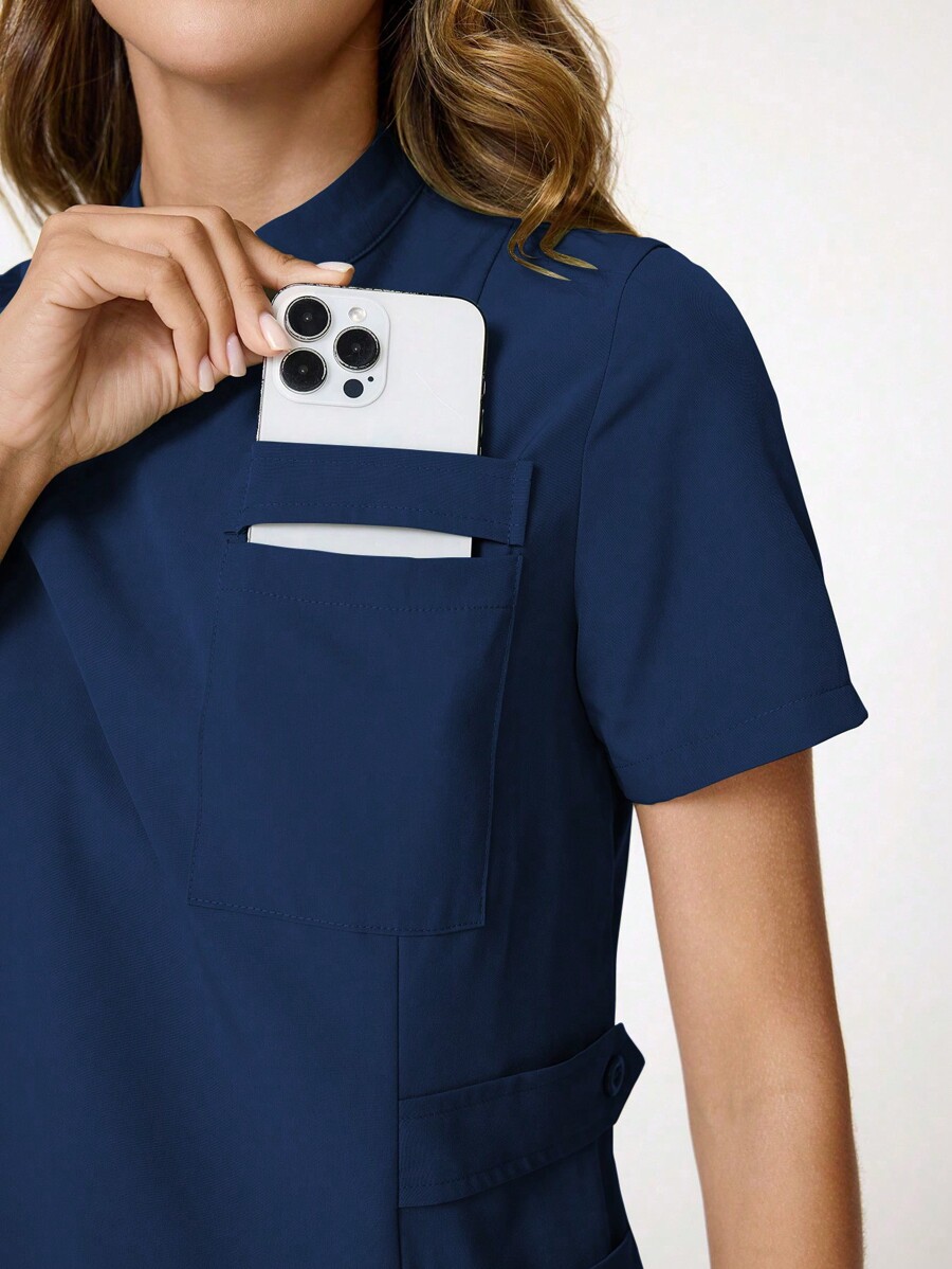 SHEIN TaskFit Stand Collar Waist Cinched Simple Uniform Suit Scrub Set ...