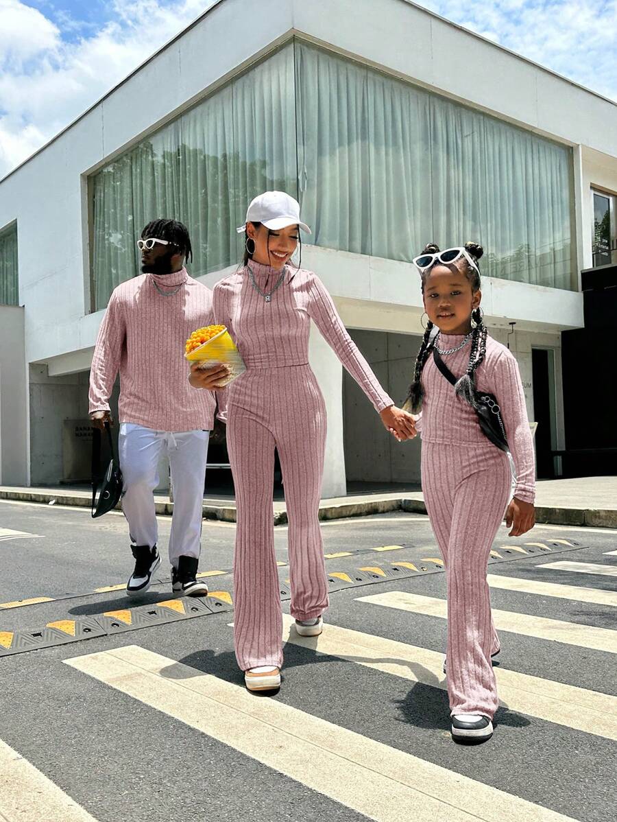 SHEIN Tween Girl Ribbed Knit Stand Collar Form-Fitting Long Sleeve Top ...