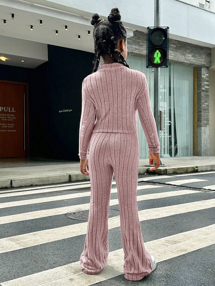 SHEIN Tween Girl Ribbed Knit Stand Collar Form-Fitting Long Sleeve Top ...