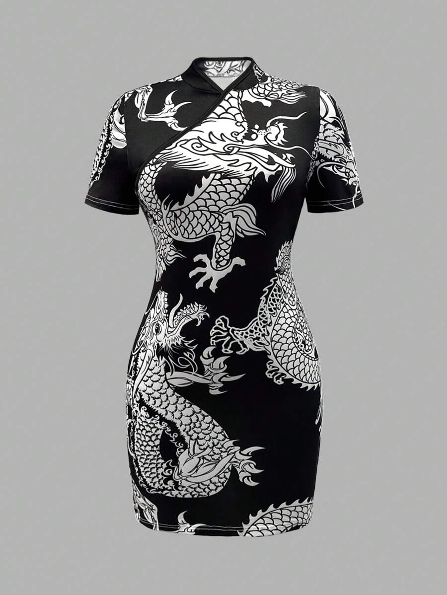 SHEIN Unity Chinese Dragon Print Random Cut Women Short Sleeve Fitted ...