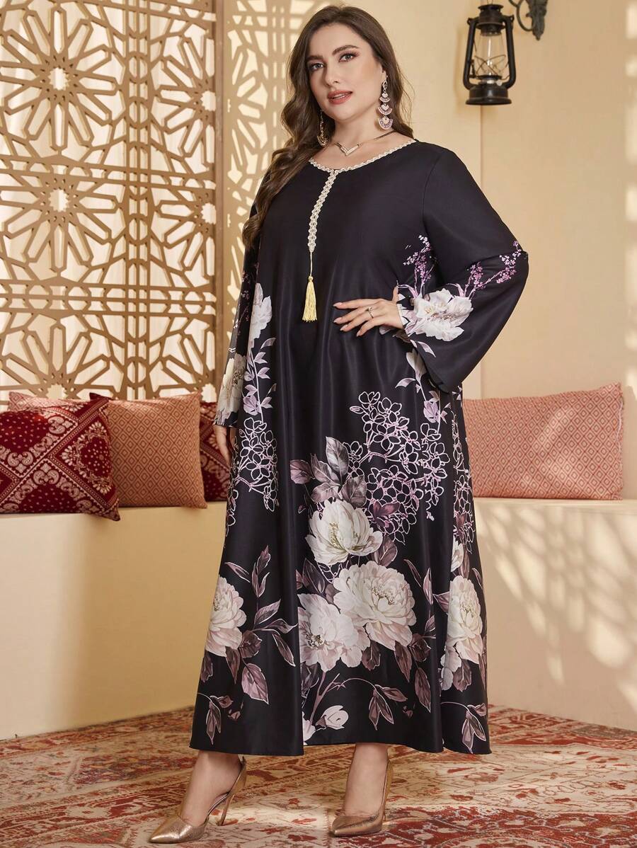 SHEIN Najma Plus Size Vintage Golden Ribbon Fringe Detail Arabic Style Dress | SHEIN USA