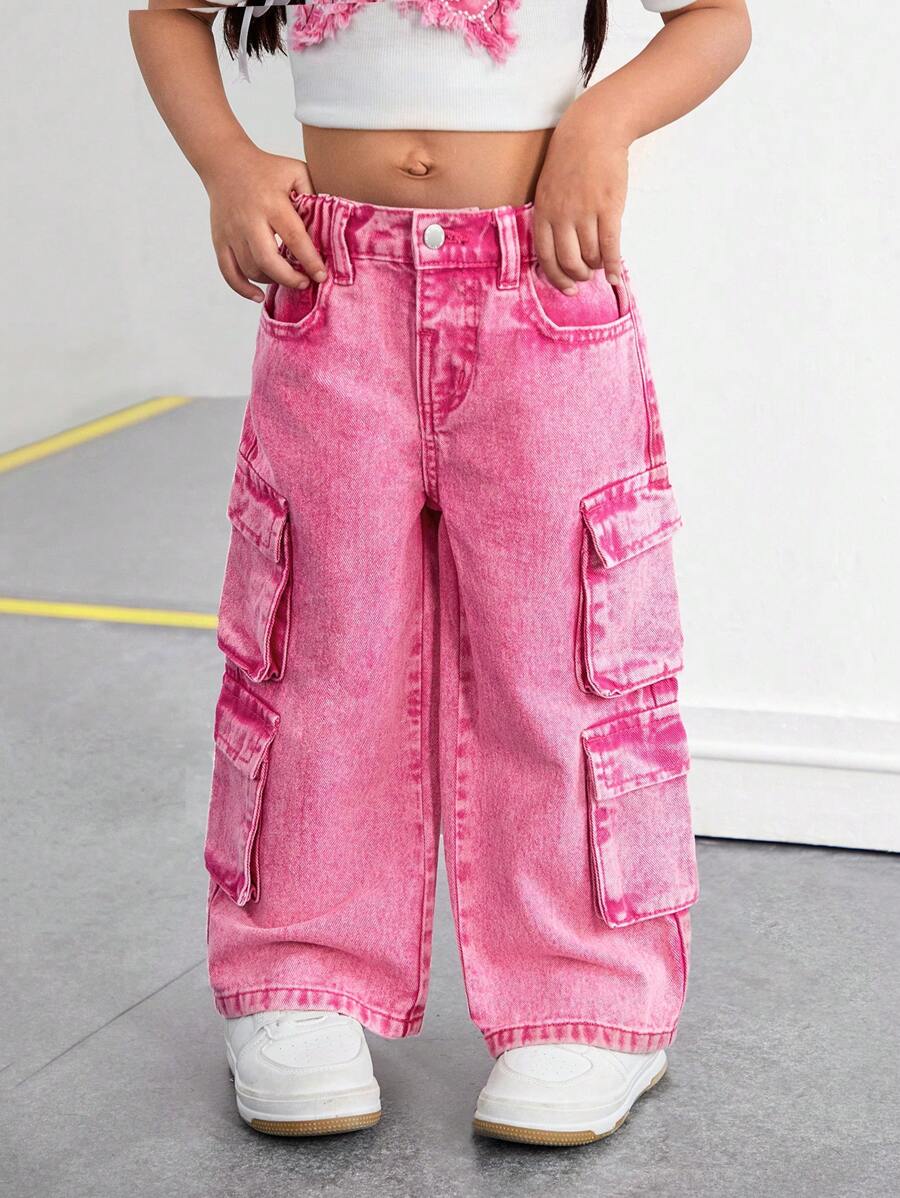 SHEIN Young Girl Y2K Gray Denim Cargo Pocket Loose Wide-Leg Pants, Girl ...