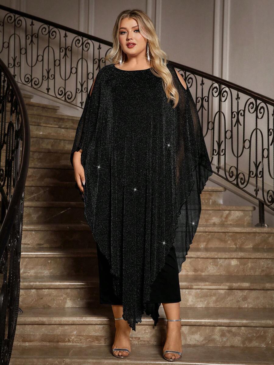 SHEIN Clasi Plus Size Elegant Chiffon Black Dress Long Cape Overlay Wedding Guest Formal ...