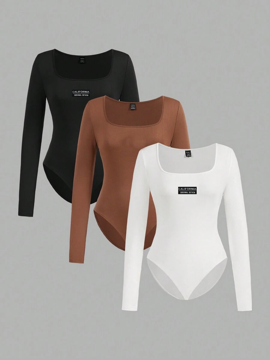 SHEIN EZwear 3pcs Women's Casual Simple Square Neck Long Sleeve Tight Fit Clothing Set | SHEIN