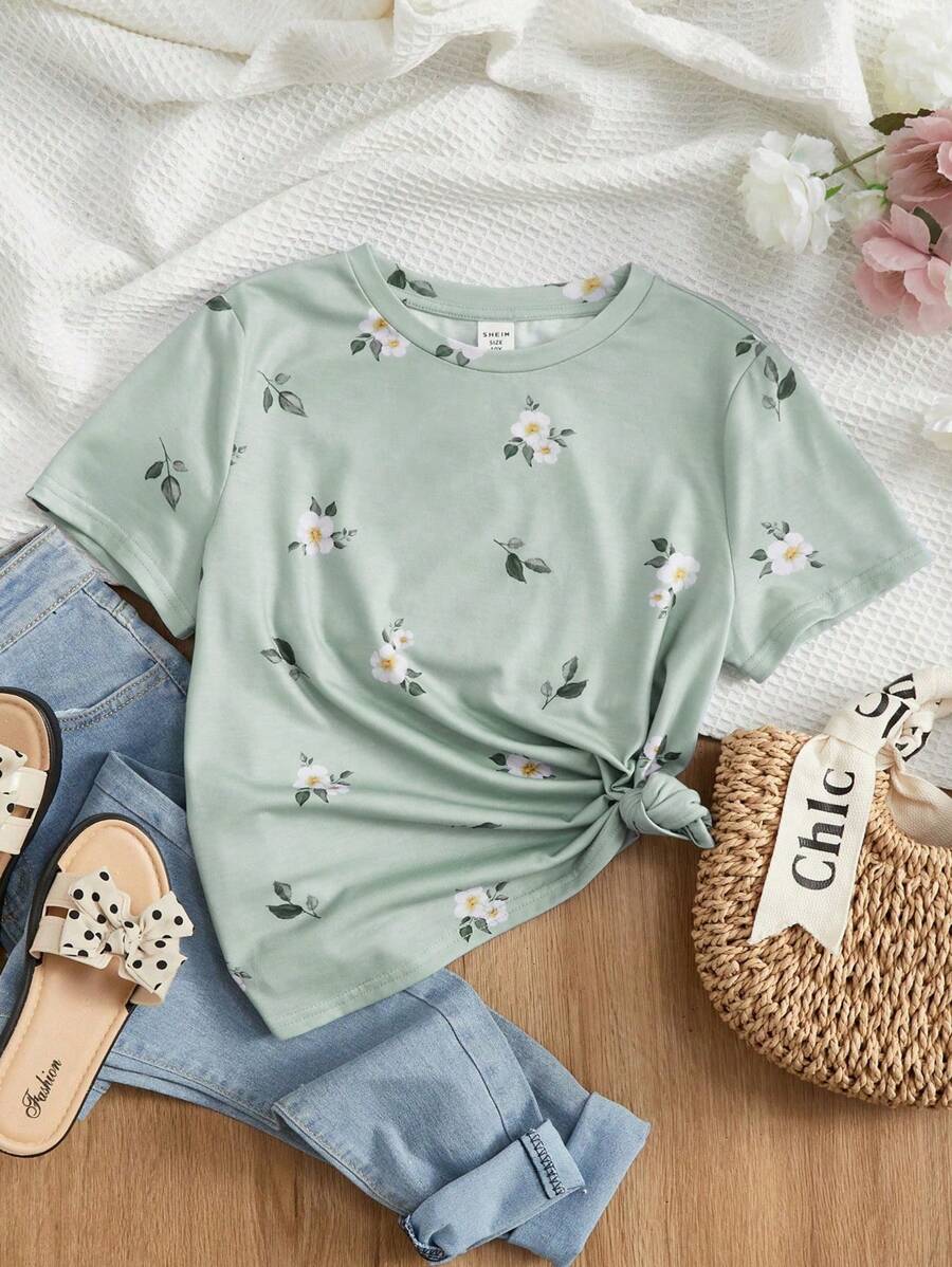 SHEIN Young Girl Knitted Net Color Floral Print Round Neck Casual T ...