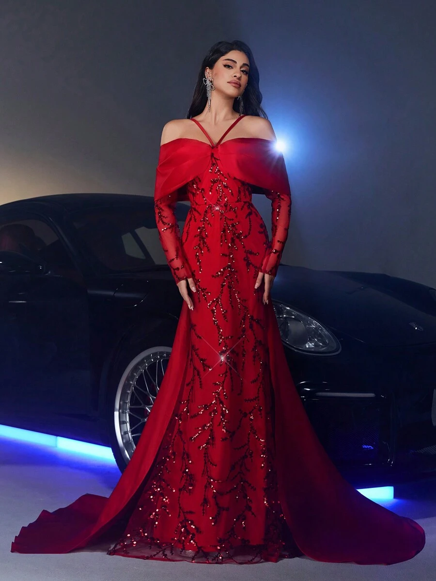 SHEIN Belle Elegant Red Sequin Patchwork Satin Halter Neck Long Sleeve ...