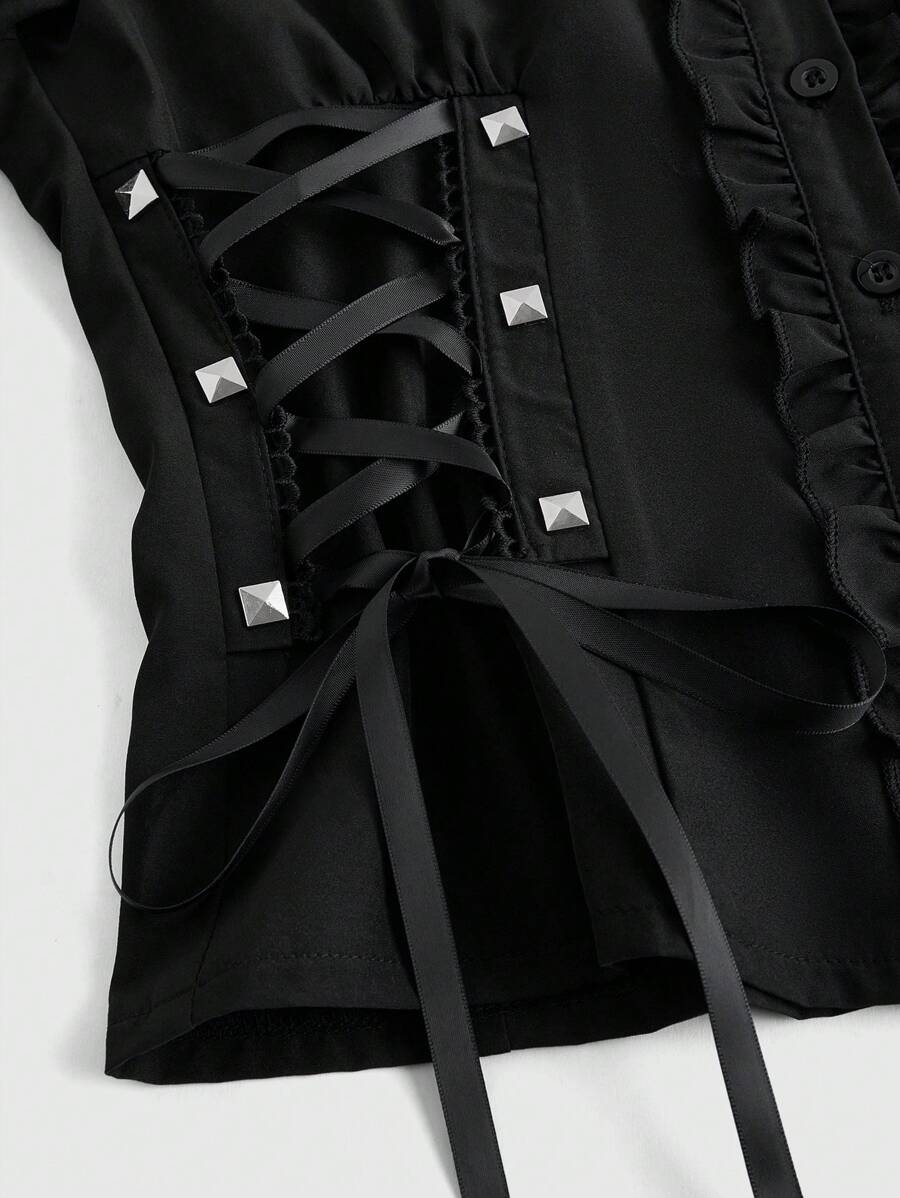 Romwe Grunge Punk パンク Y2k ブラック スケルトン スタッズ ストレッチ プラスサイズ 長袖シャツ Shein新
