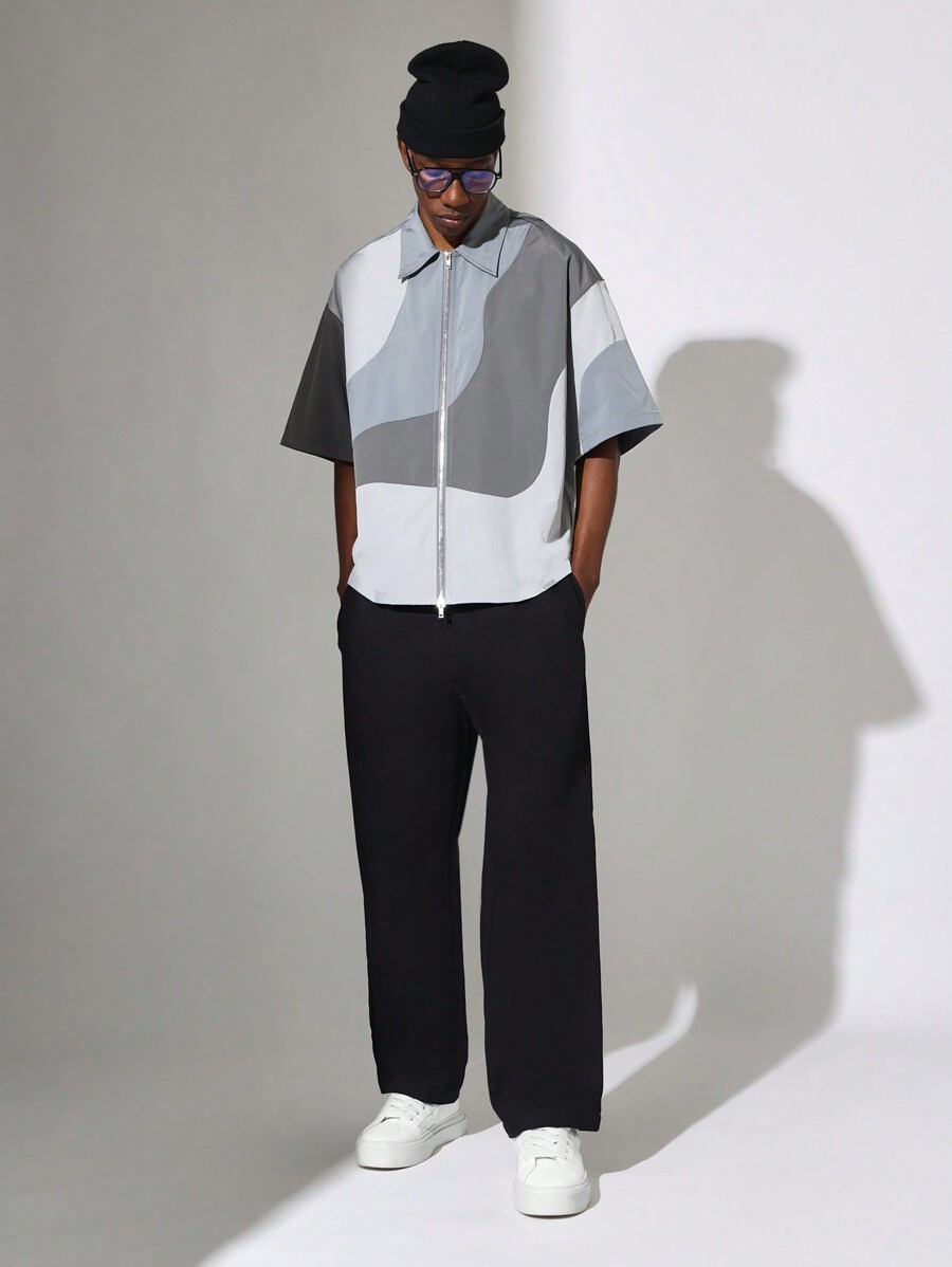 SUMWON ボックスフィット カラーブロック スワールパネル ジップアップ 半袖シャツ | #SHEIN新生活応援セール