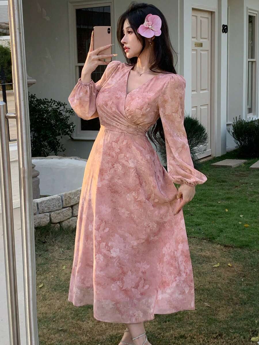 DAZY V-Neck Floral Print Puff Sleeve Tie Waist Midi Dress For Women | SHEIN USA