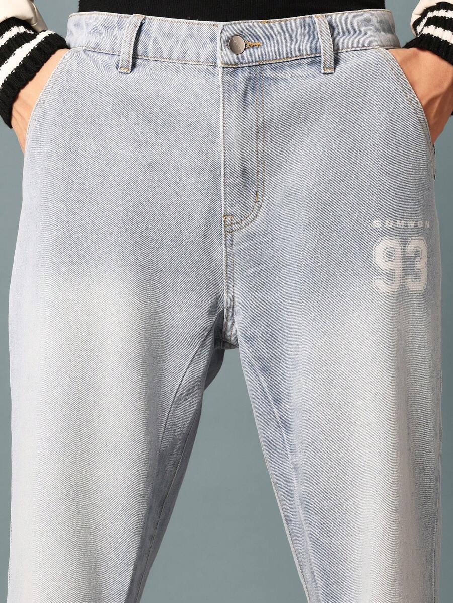 SUMWON Flare Fit Denim Pants With Number Graphic | SHEIN USA