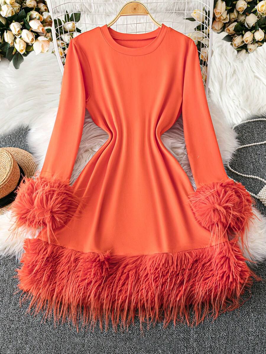 DreamSkyne Plus Size Slim Fit Splice Faux Fur Trim Dress, Autumn/Winter ...