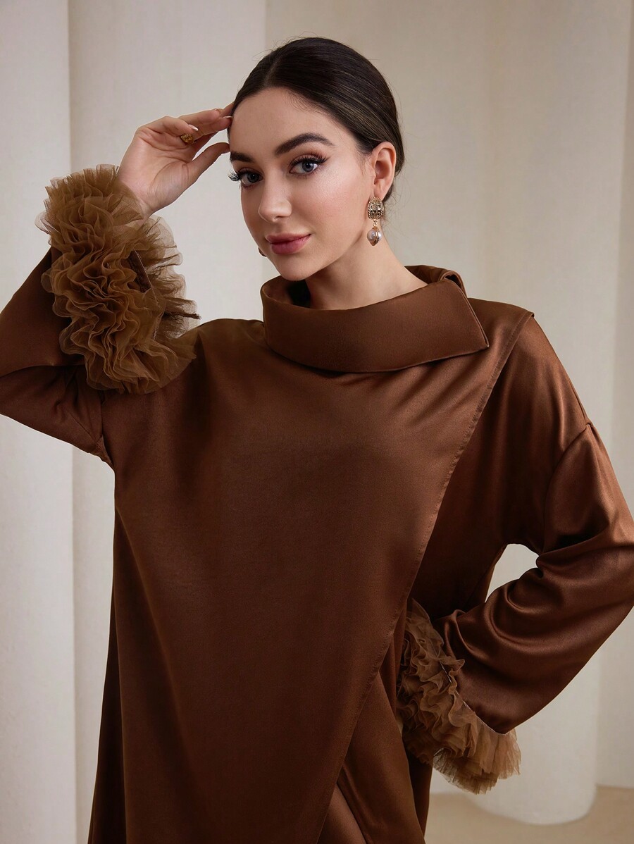 Graceveil Women's Solid Color Bell Sleeve Mesh Patchwork Top And Pants ...