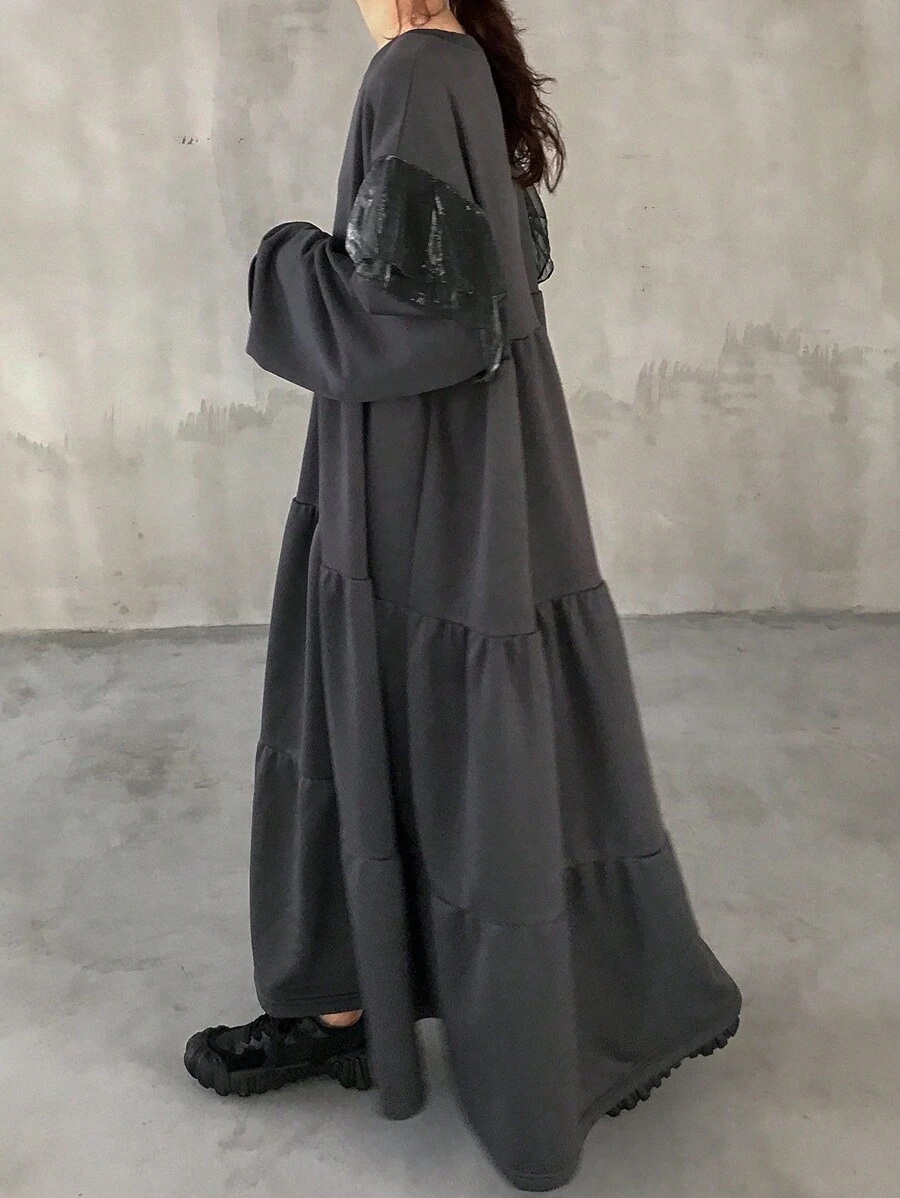 FRIFUL Women's Round Neck Splicing Tulle Ruffle Hem Midi Layered Cake ...