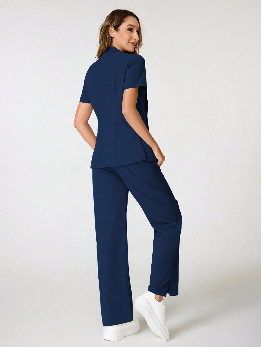 SHEIN TaskFit Stand Collar Waist Cinched Simple Uniform Suit Scrub Set ...