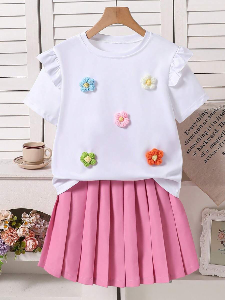 SHEIN Tween Girls 3D Flower T-Shirt And Pleated Mini Skirt Set | SHEIN USA