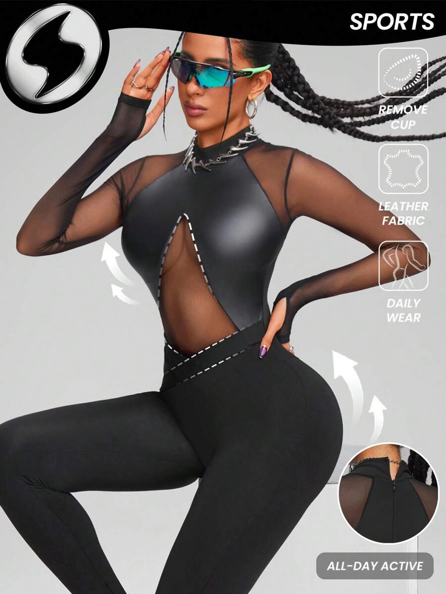 Innovista Women Activewear Long Sleeve Foil Print Sports Jumpsuit, Faux Leather & Metallic Shine ...