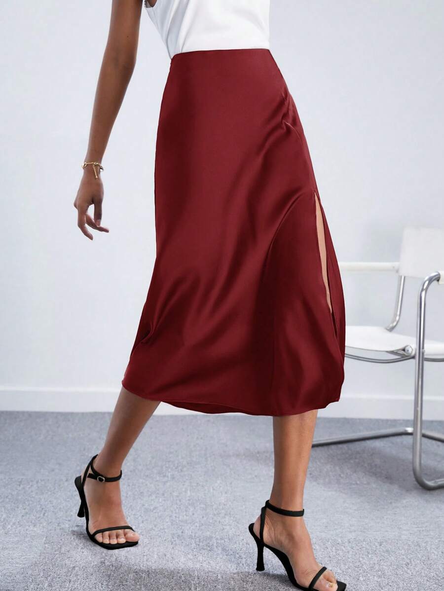 BizChic Women's Solid Color Side Slit Hem Mid-Length Elegant A-Line ...