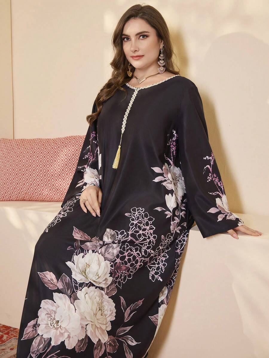 SHEIN Najma Plus Size Vintage Golden Ribbon Fringe Detail Arabic Style Dress | SHEIN USA