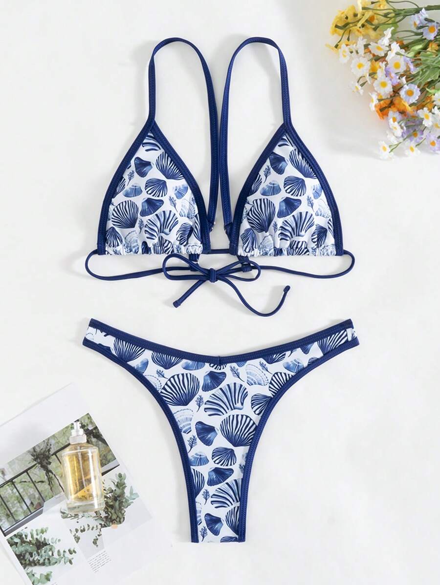 Women's Seashell & Conch Printed Random Tie Side Sexy Thong Bikini ...