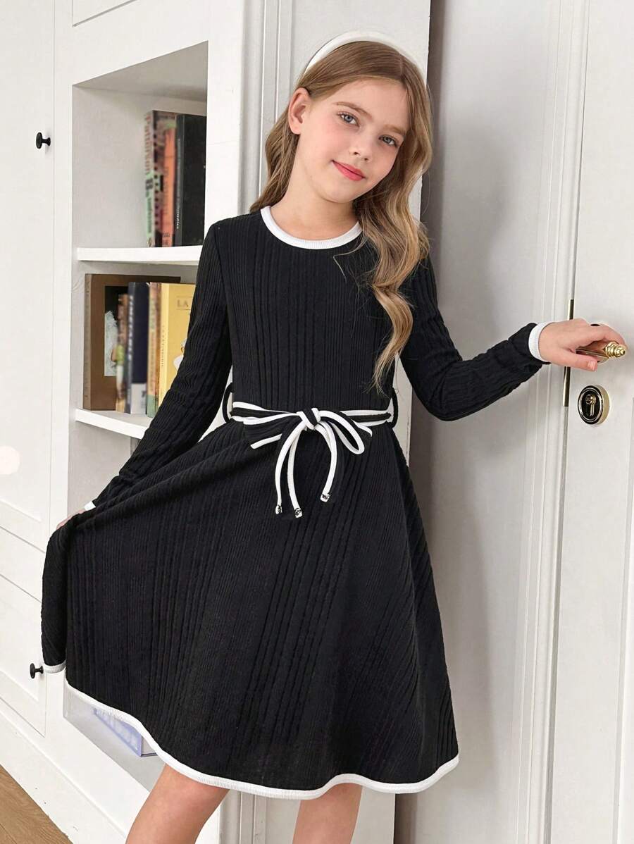 Tween Girls Knit Fuzzy Asymmetrical Ribbed Colorblock Bow Belt Fitted ...