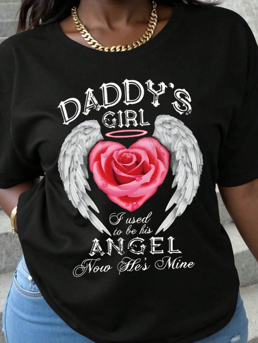 SHEIN Relaxiva Wings & Rose Graphic Letter Slogan Plus Size Round Neck ...