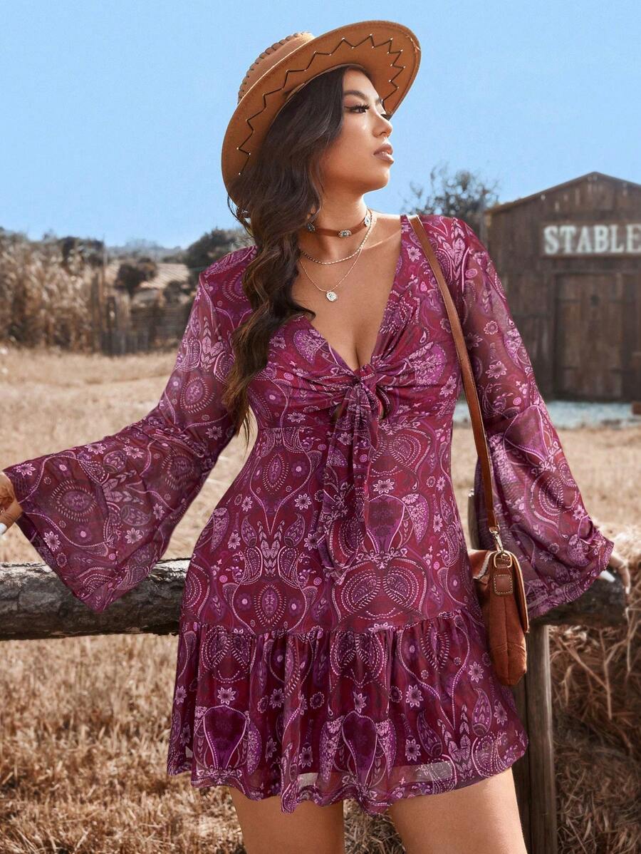 SHEIN VCAY Plus Size Vacation Flare Sleeve Patchwork Dress,Beach Dress ...