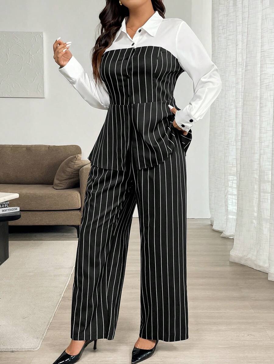 SHEIN Frenchy 2 Peças Conjunto Camisa de Manga Longa e Calça Listradas ...