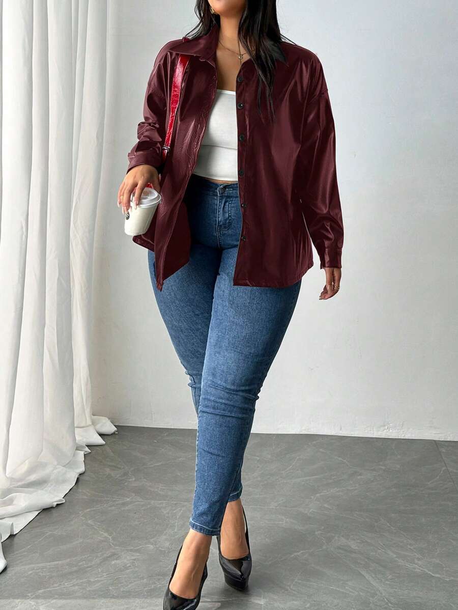 SHEIN Privé Plus Size PU Leather Long Sleeve Blouse Jacket, Elegant For ...