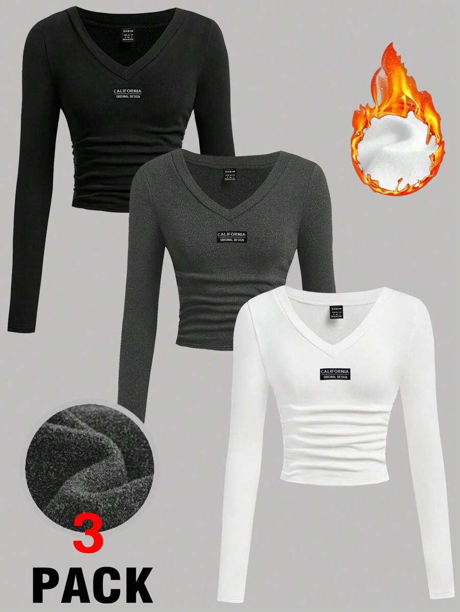 SHEIN EZwear Simple English Logo Knitted Thermal Lined V-Neck Cinched ...