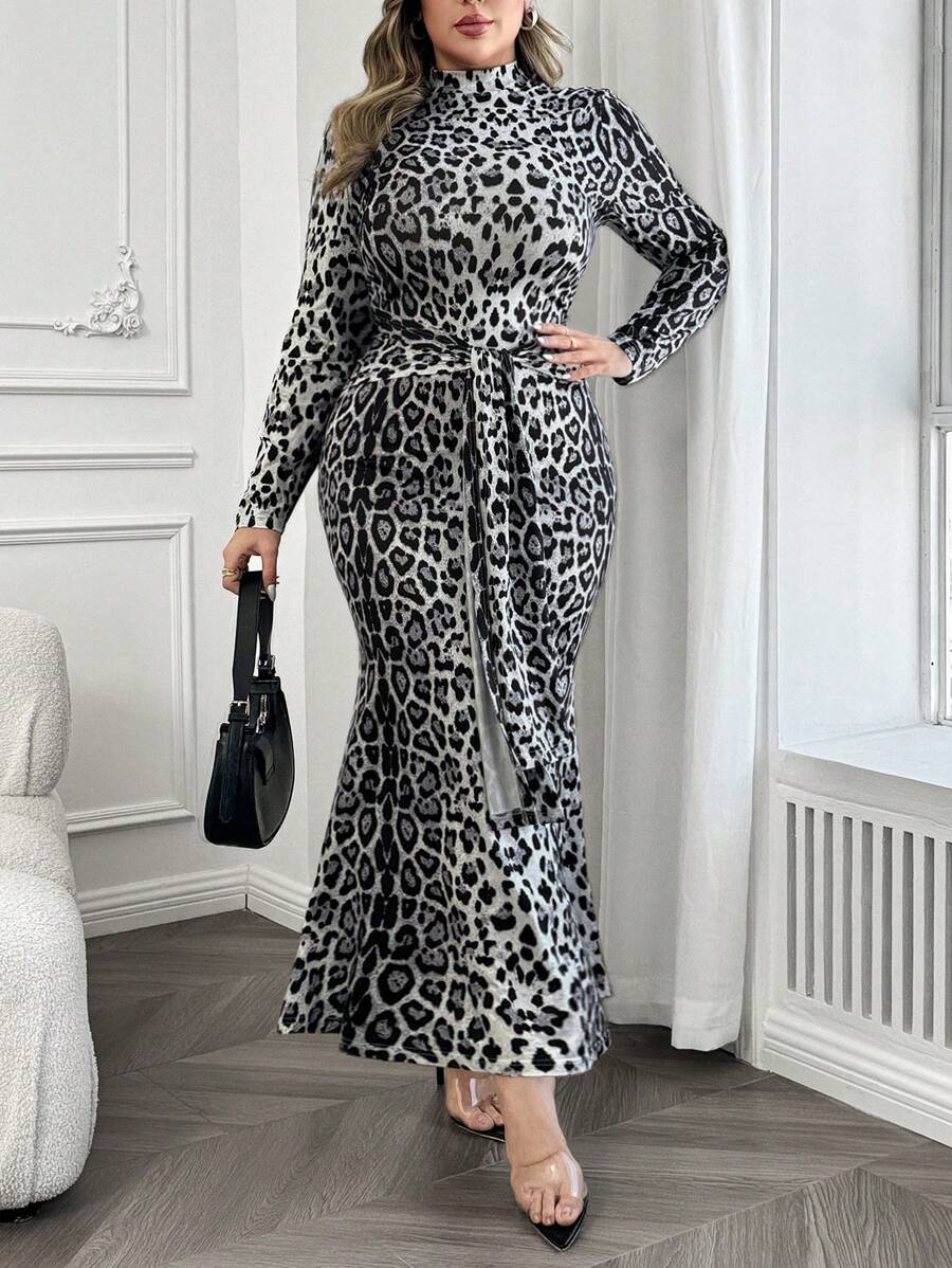 Celure Plus Size Elegant Stand Collar Tie-Up Leopard Print Fishtail ...