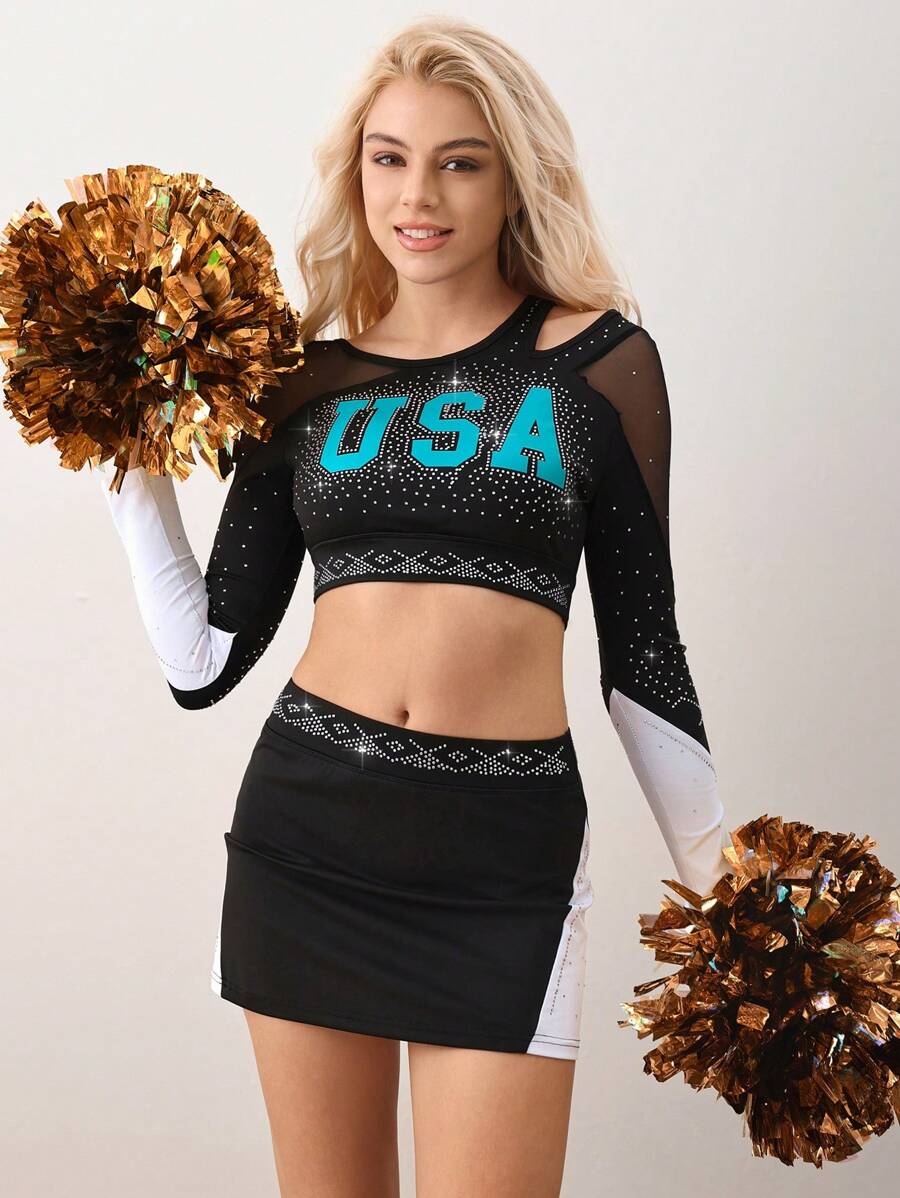 SHEIN Sport Cheerettes Women Letter Rhinestone Mesh Splice Long Sleeve ...