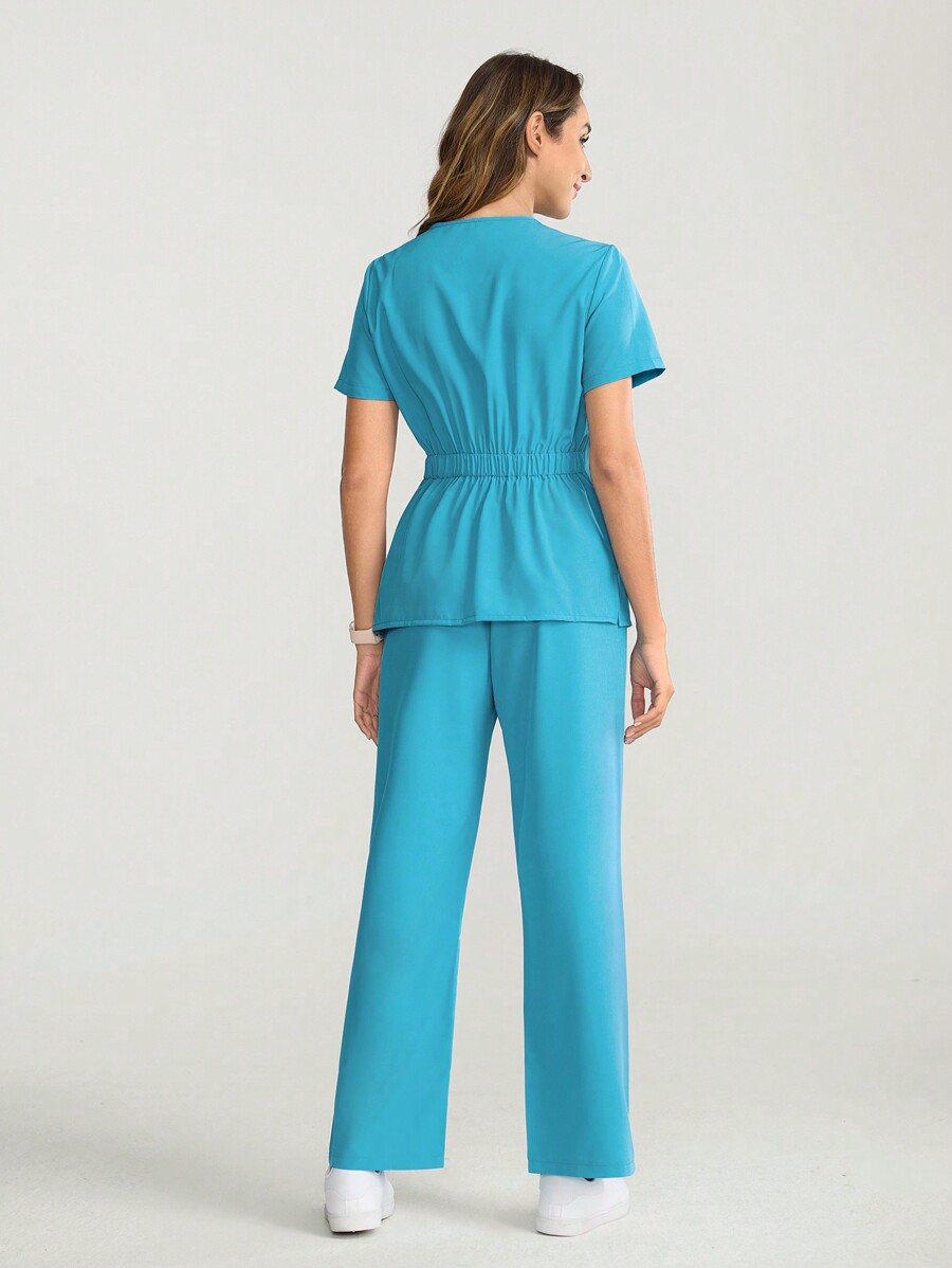 SHEIN TaskFit Solid Color Front Tie Short Sleeve Pocket Simple Top And ...